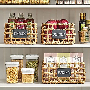 mDesign Water Hyacinth Open Weave Household Basket with Built-in Chalkboard Label for Storage in Bedroom, Bathroom, Office - Hold Clothes, Blankets, Linens, Accessories, 3 Pack - Natural/Tan