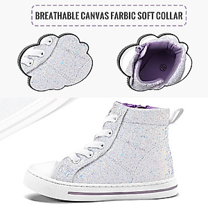 K KomForme Kids Sneakers for Boys and Girls Toddler Canvas High Top Walking Causal Shoes with Zipper White Glitter