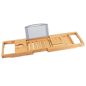 Utoplike Bamboo Bathtub Caddy Tray Bath Tray for Tub, Adjustable Bathroom Bathtub Organizer with Book Tablet Wine Glass Cup Towel Holder