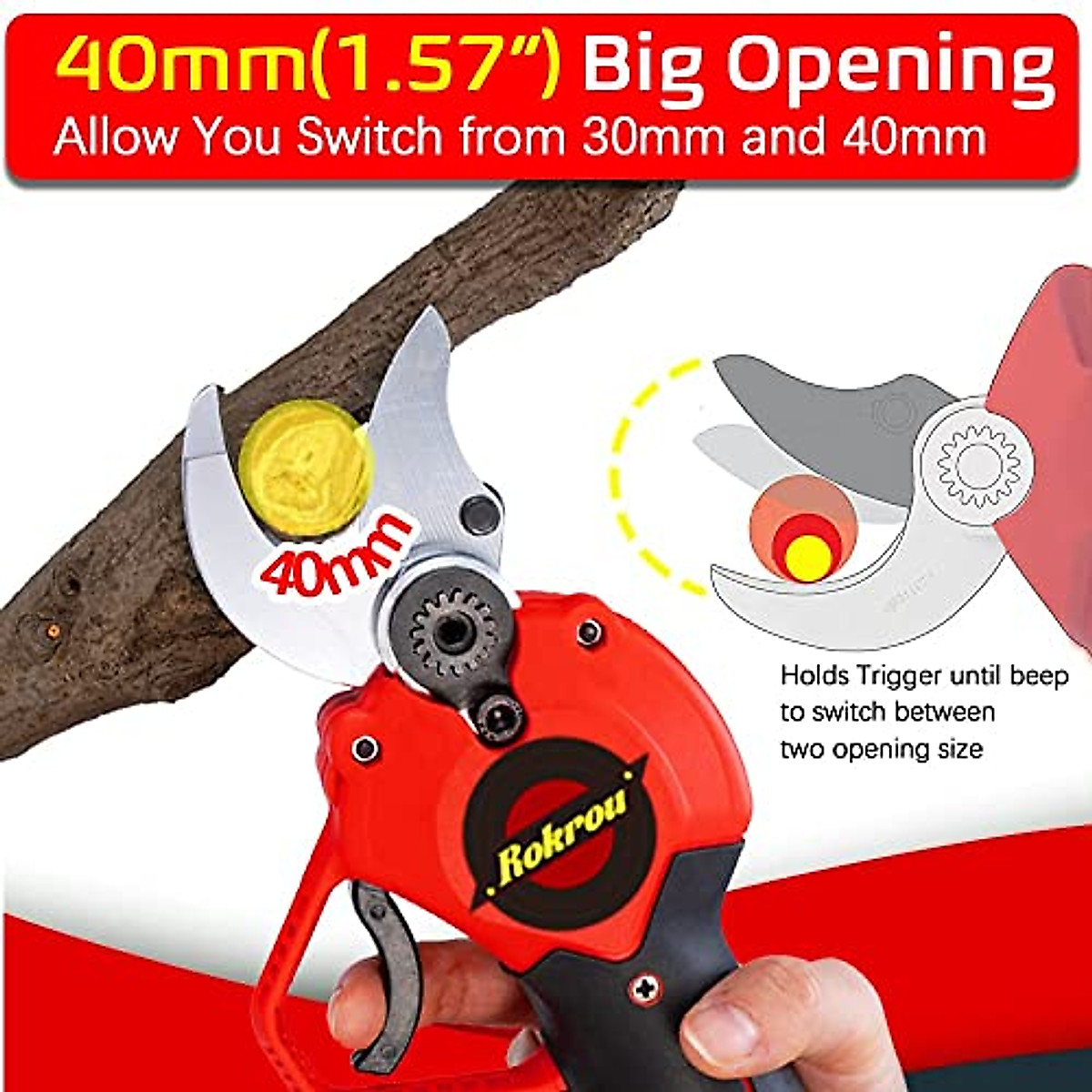 Rokrou Electric Pruning Shears For Gardening Cordless Tree Pruner 1.57" (40mm) Cutting Diameter With 2 Pack 21V Rechargeable Battery & Replacement Blade Set Red