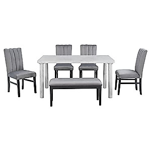 KoiHome 6-Piece Marble Veneer 4 Flannelette Upholstered Chairs & Bench with Cushion, East-West Furniture Dining Room Restaurant Table Set, Set of 6 (White+Gray)