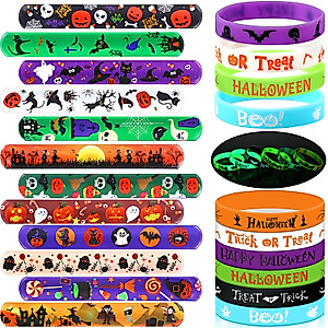 Seajan 48 Pcs Halloween Bracelets Set Party Favors 24 Luminous Silicone Bracelet Wristbands and 24 Halloween Slap Bracelets for Glow in the Dark Gifts Halloween Goodie Bag Stuffers Supplies