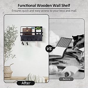 Nekon Key Holder for Wall with Shelf, Entryway Wall Organization with 9 Hooks, 9.8 Inch Wooden Key and Mail Holder with Mounting Screw Pack (Black)