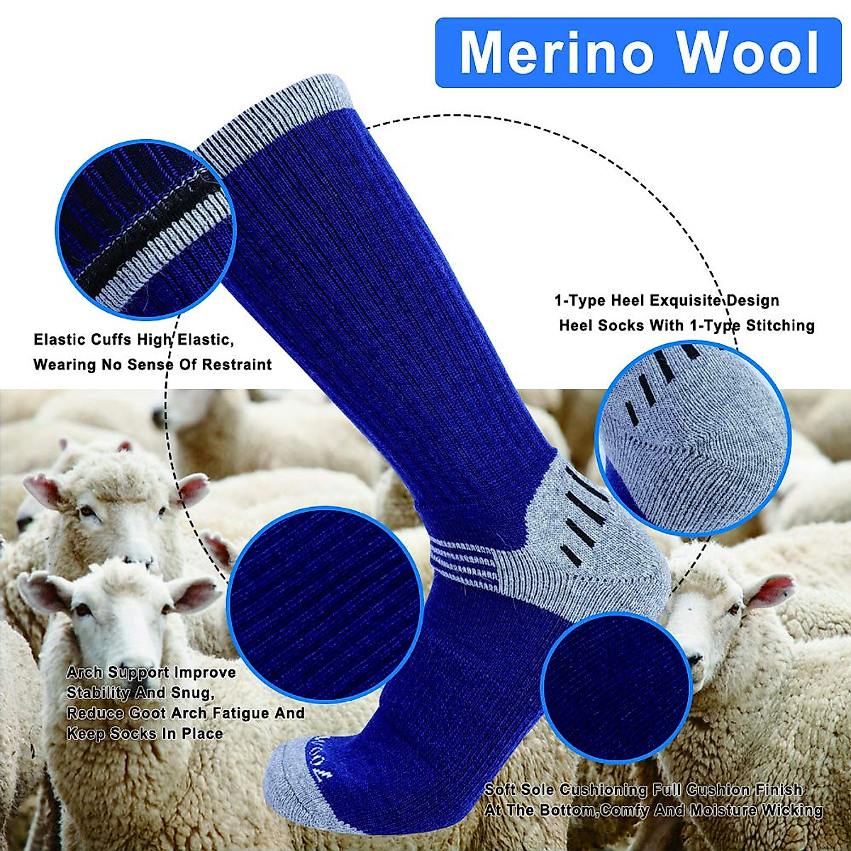 EnerWear 6P Pack Men's Merino Wool Blended Hiking Trail Socks (US 10-13, Blue)