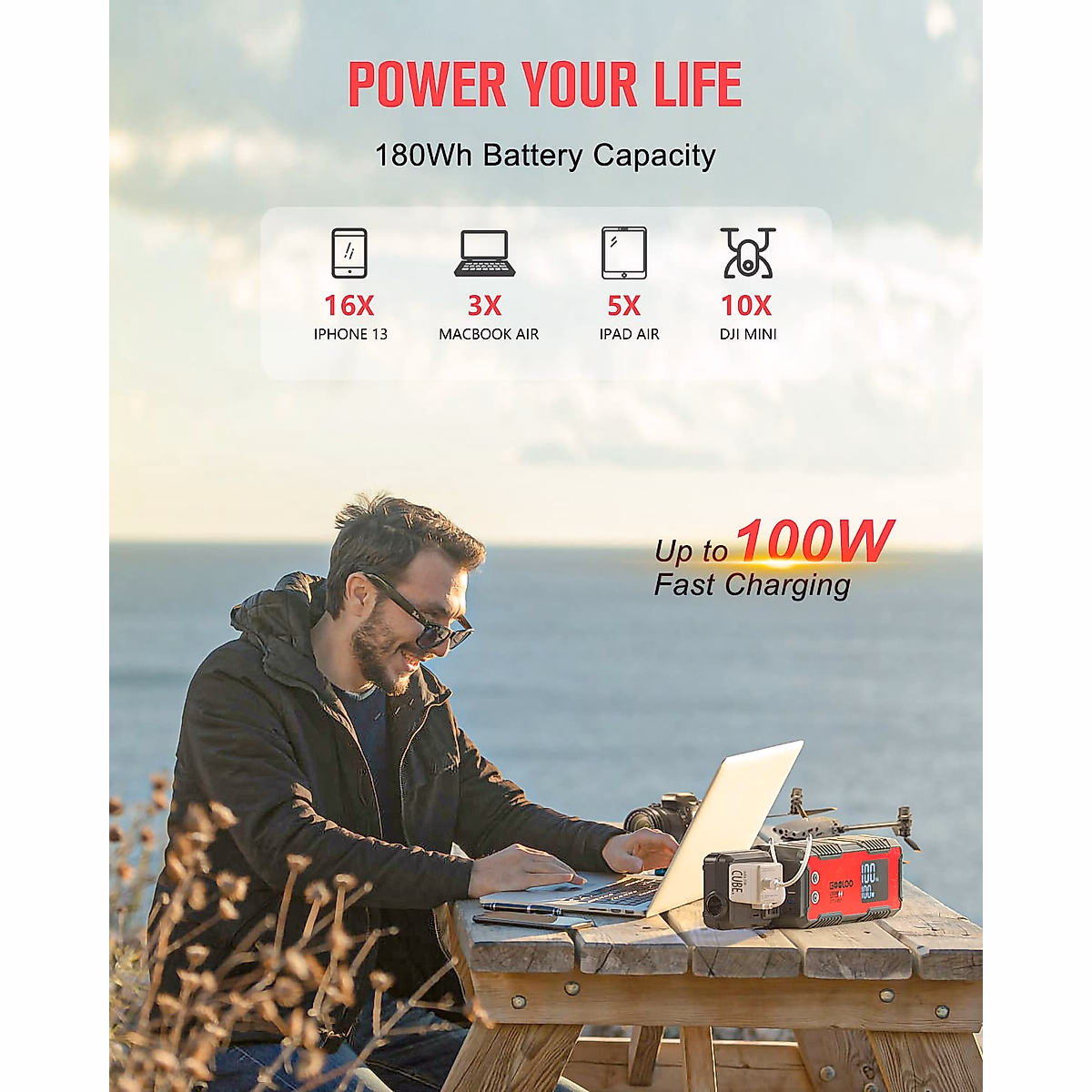 GOOLOO 180Wh Portable Power Station 50000mAh Power Bank With PD100W In/Out, Solar Generator 150W DC/120W AC, USB QC3.0 Mini Generator Portable LED Flashlight for Home Camping Emergency Use