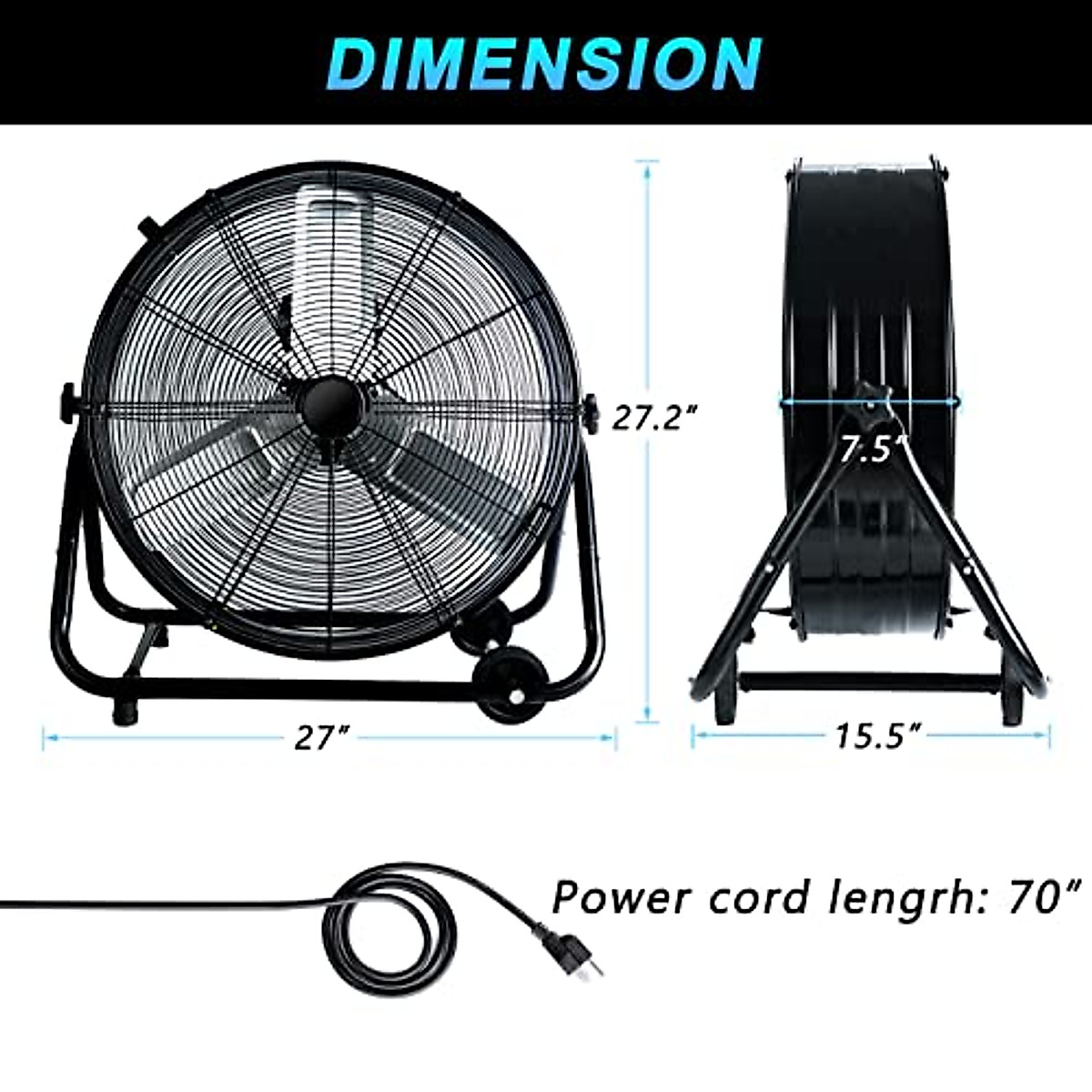 WARMLREC Industrial Fan 24 Inch Heavy Duty Drum 3 Speed 8100 CFM Air Circulation High Velocity Fan For Warehouse, Workshop, Factory, Commercial, Residential and Greenhouse Black