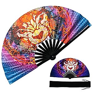 TRENDBOX Large Folding Hand Fan, UV Glow Fan for Rave, Festival Folding Hand Fan for Women Men with Velvet Bag for Decorations, Party, Dance and Music Festival - Wolf