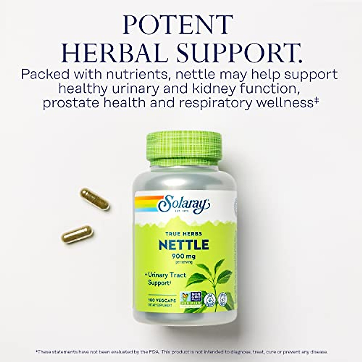 SOLARAY Nettle Leaf 900 mg, Vegan Supplement for Urinary Health and Kidney Support, Prostate Health and Respiratory Wellness, Non-GMO, 60 Day Money Back Guarantee. 90 Servings, 180 VegCaps