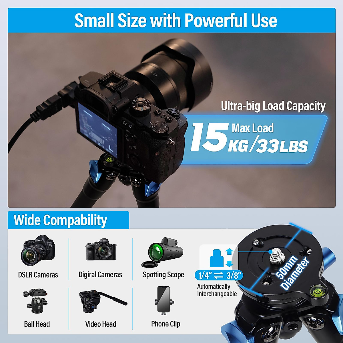 SIRUI AM223L Travel Video Tripod with Leveling Base, Mini Carbon Fiber Desktop Tripod for DSLR Camera Video Camcorder, Max Load 33lbs, Max Height 14.2"