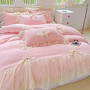 SOUKECHY Girls Lace Bedding,Queen Comforter Cover Set, Chic Ruffled Duvet Cover with Lovely Bow,Princess Style 1 Duvet Cover with 2 Pillowcases, No Comforter-Pink,Queen Size