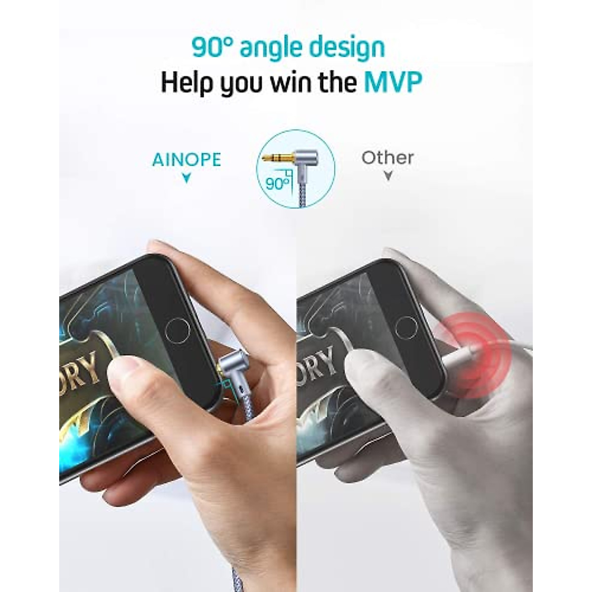 AINOPE Aux Cables [2-Pack/8.2ft], 90°Angled 3.5mm Aux Cord[Hi-Fi Sound, Nylon Braided] Male to Male Stereo Audio Cables Compatible with Car, Studio, Recorder, Smartphone- Grey