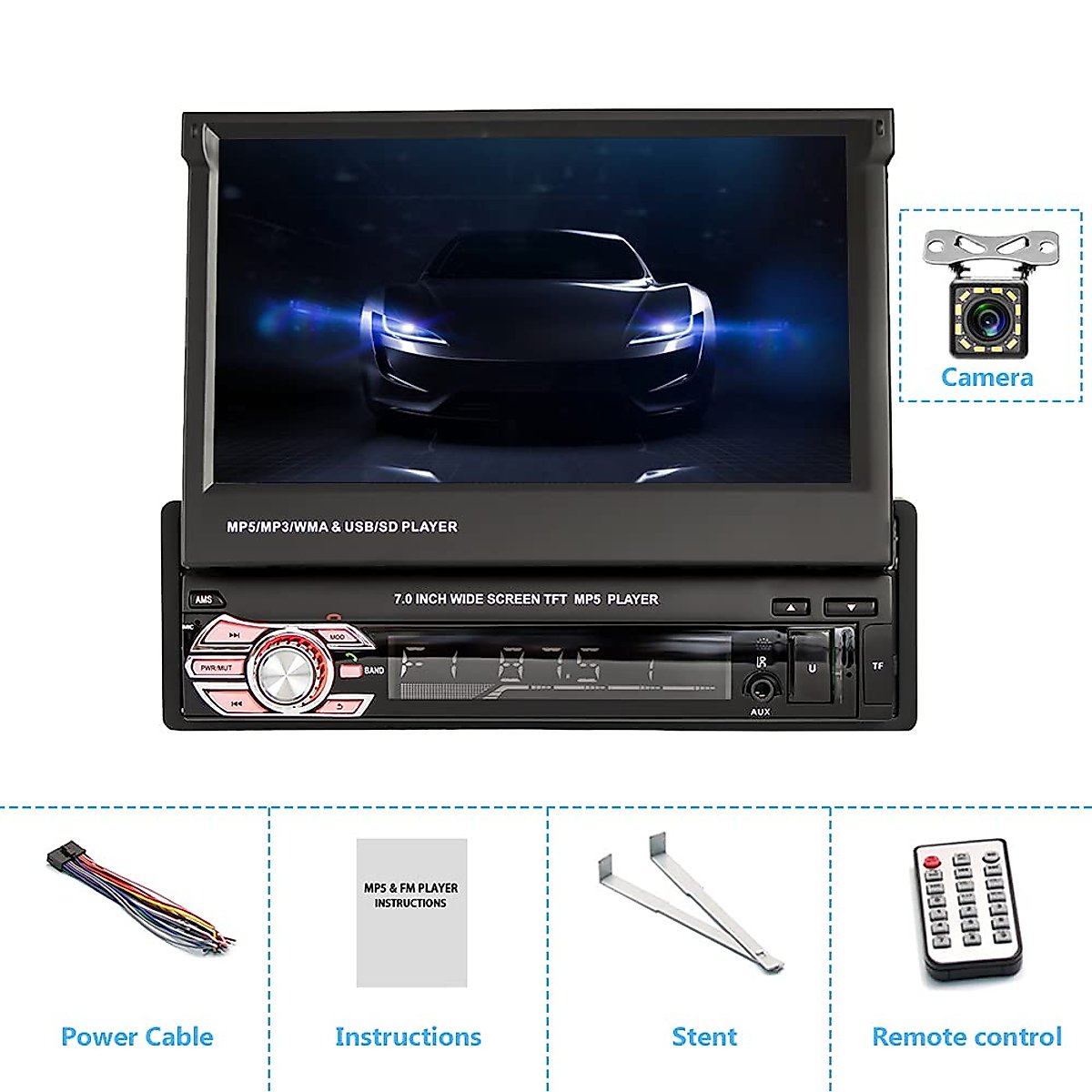 Car Stereo Single Din Electric Flip Out Car Radio with Bluetooth, Rimoody 7 Inch Touchscreen Mirror Link FM Radio AUX- in USB SD TF Card Input EQ Setting MP5 Player + Backup Camera