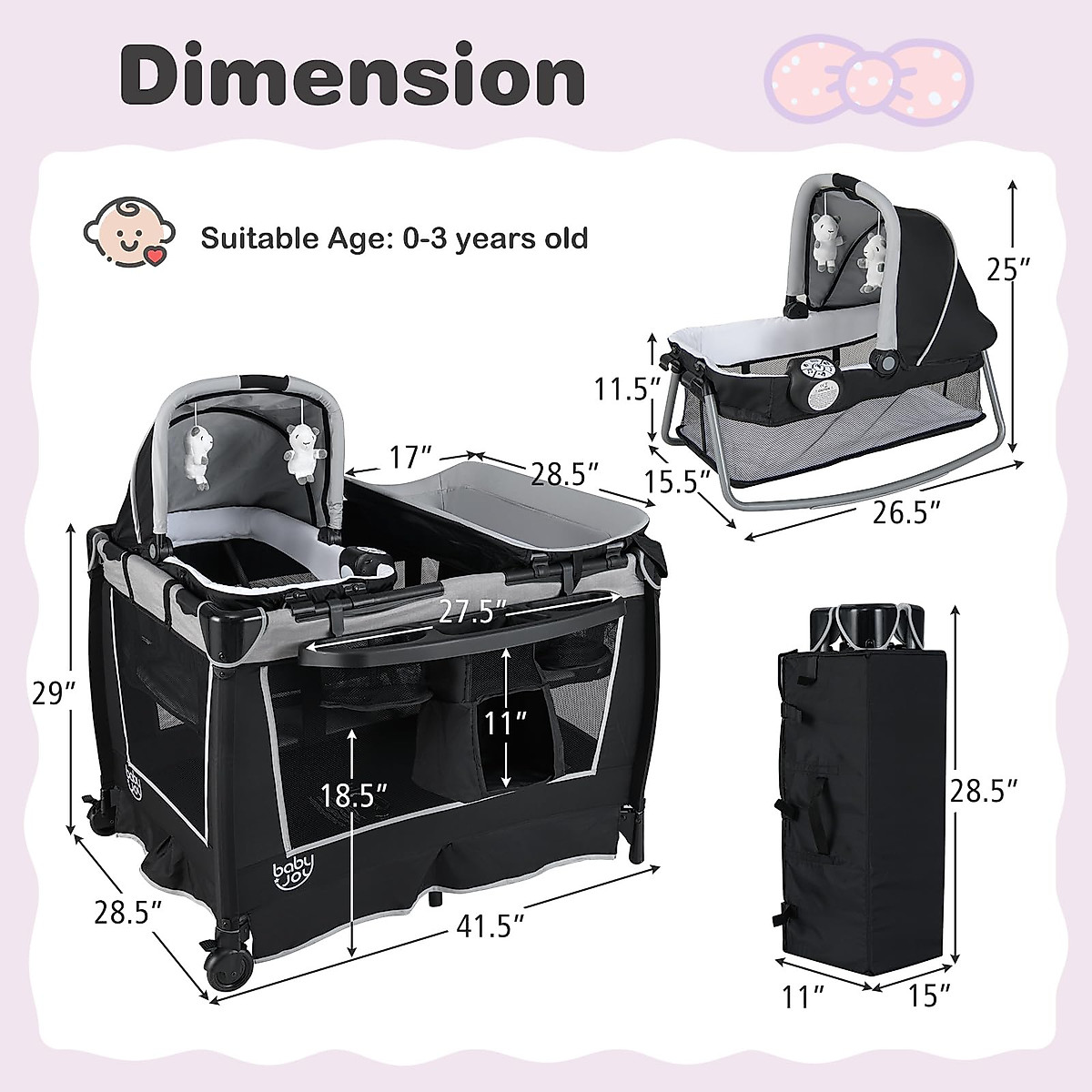 BABY JOY 5 in 1 Pack and Play, Portable Nursery Center Baby Playard w/Bassinet & Diaper Changing Table, Infant Bassinet Activity Center with Toys, Music, Oxford Bag for Toddlers (Space Grey, Classic)