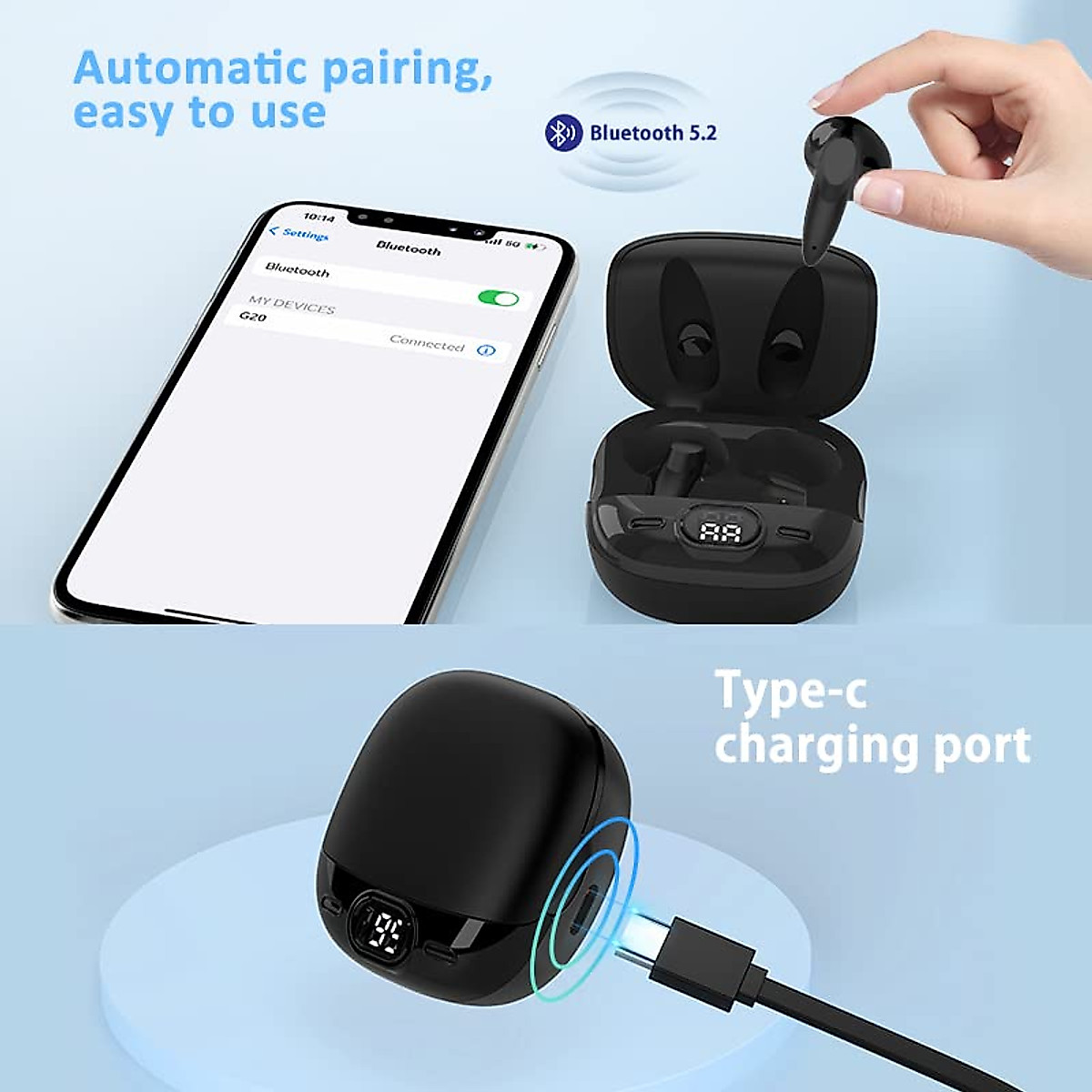 True Wireless Earbuds Bluetooth Headphones Touch Control Wireless Earbuds 25Hrs Battery Life Stereo Earphones in-Ear Built-in Mic Deep Bass Headset with Charging Case for Workout Sport Office