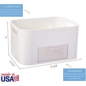 STORi Bliss White Makeup Organizer for Countertop, Divided Bathroom Organizer & Storage Drawer, Makeup Brush Holder, Cosmetic & Nail Polish Organizer, Made in USA
