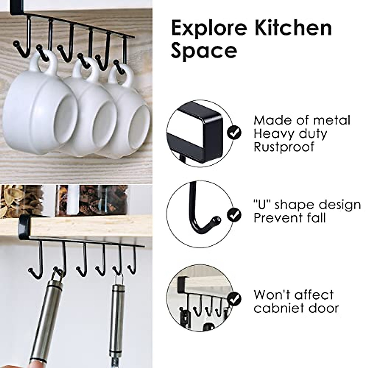 Achenyu Cup Holder Hanger Under Cabinet - Mug Hook Hanger Under Shelf - 3pcs x 6 Hook Coffee Cup Mug Holder Hanger for Kitchen - Fit for 0.8 Inch Thickness Shelf or Less (Black)