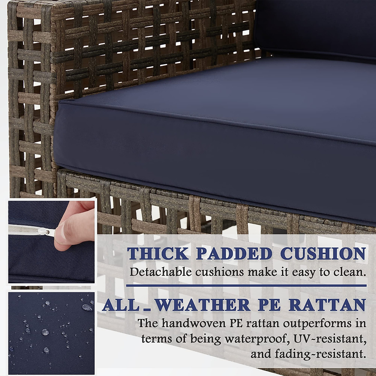 EROMMY 4 Pieces Patio Furniture Set Sofa Couch with Cushions and HDPE Table Top, Handwoven PE Wicker Rattan Patio Furniture Set for Patio, Garden, Yard, Pool, Brown and Blue