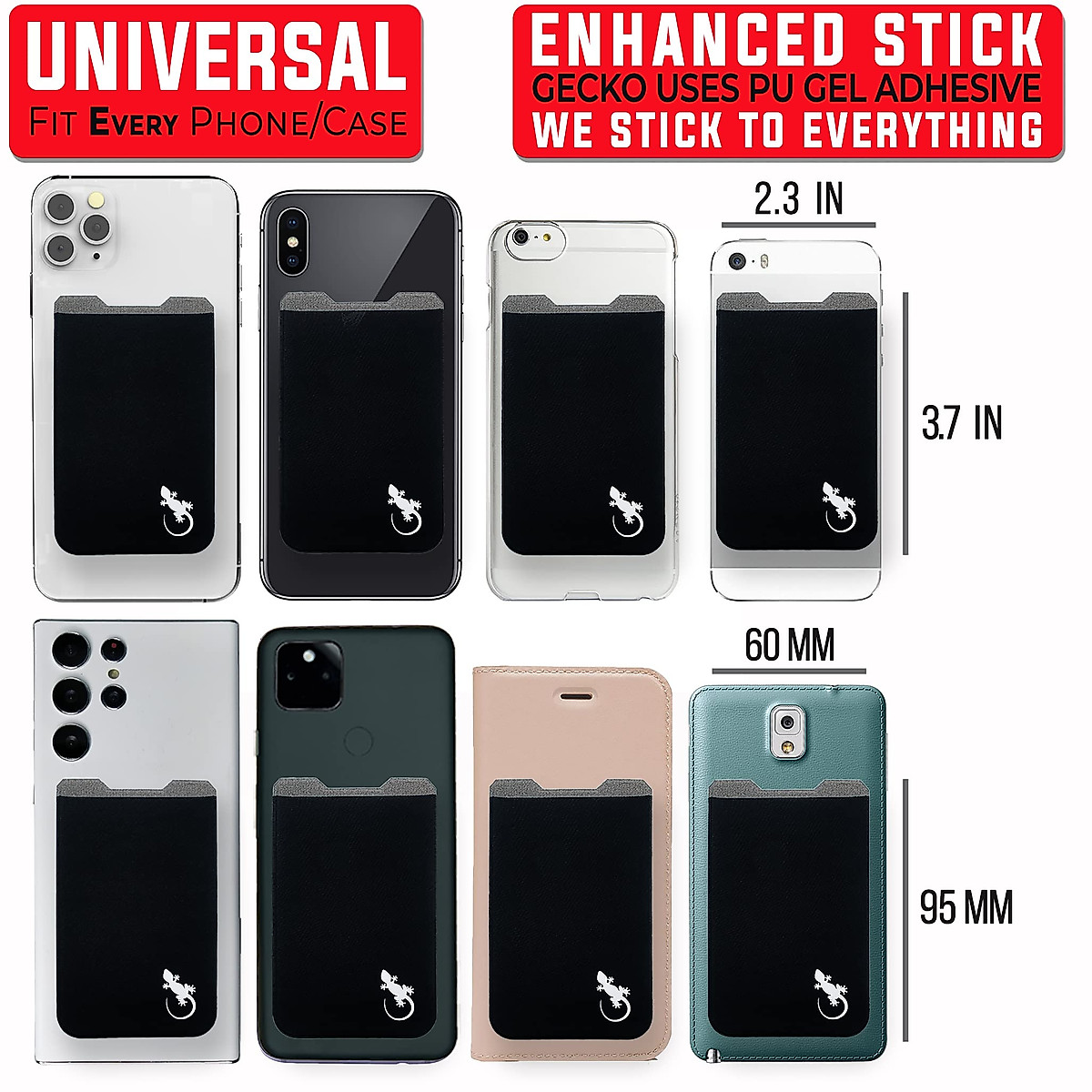 Gecko Travel Tech A Card Holder Phone Wallet Stick on - Credit Card Holders Universal to Any Cell Phone - Black/White
