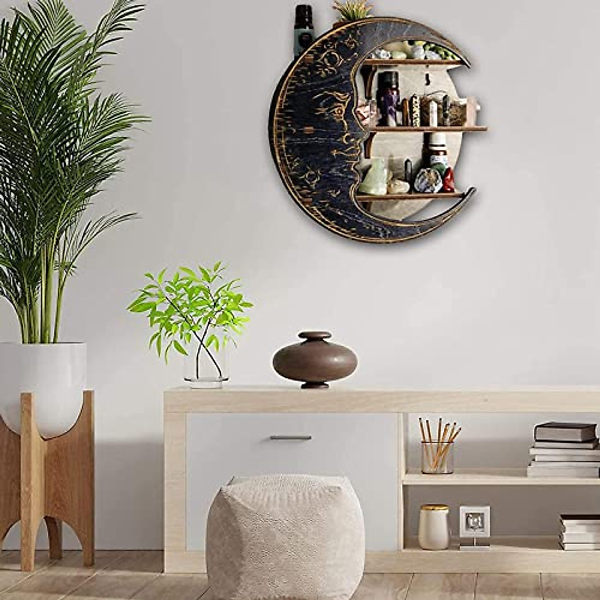 YUDIZWS Glass Shade Wall Mounted Antique Wooden Moon Stand Floating Moon Shelf Mounted Shelf Wall Glass Storage Stand,Black