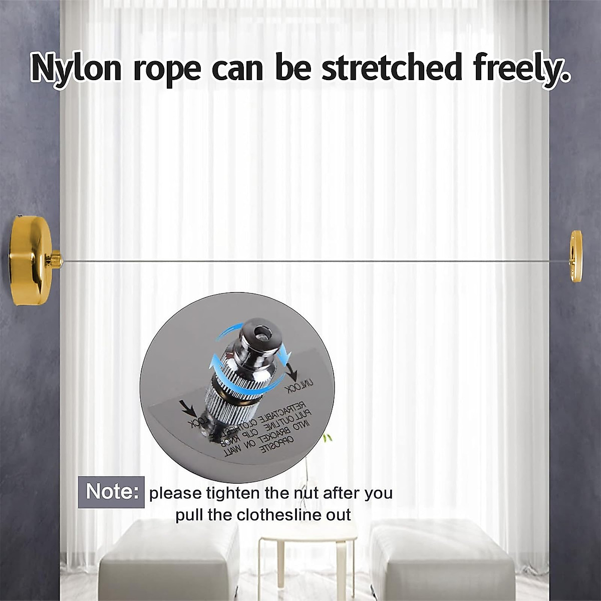 Retractable Clothesline, 304 Stainless Steel Heavy Duty Shower Clothesline Clothes Line Wall Mounted Retractable Laundry Line Laundry Accessories(Gold)