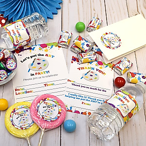 Amanda Creation Deluxe Art Party Paint Splatter Birthday Party Bundle Includes 20 Invitations & Thank You Cards with Envelopes + 3 Different Sizes of Stickers & Water Bottle Labels!