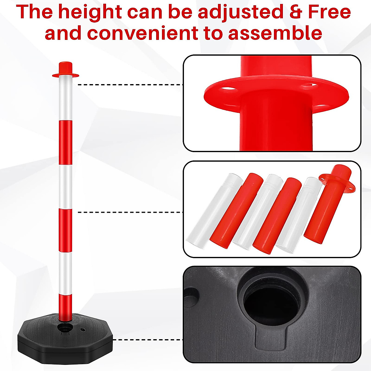 Traffic Delineator Post Cone, Plastic Stanchion Post Set Crowd Control Stands Barrier with 6.6 ft Link Chain and S Hooks for Parking Lot Construction Caution Roads, Red, White (6 Pack)