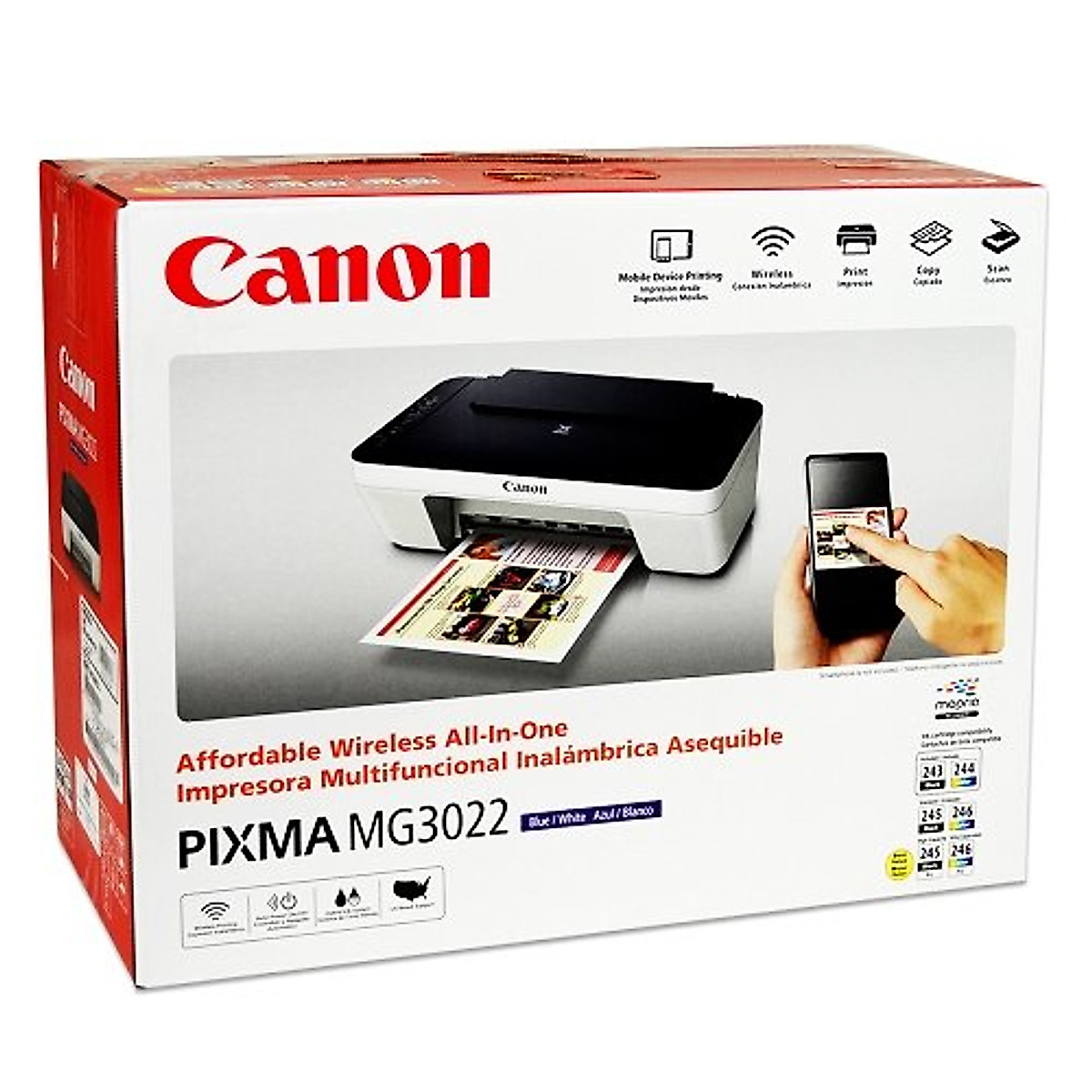 Canon PIXMA-MG3022 Wireless Inkjet All-in-One Printer, 8 ipm Black, 4800x600 Color, - Print, Copy, Scan