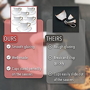 BTaT- Small Espresso Cups and Saucers, Set of 6 Demitasse Cups (2.4 oz) with Gold Trim and Gift Box, Small Coffee Cup, White Espresso Cup, Turkish Coffee Cup, Porcelain Espresso Cup