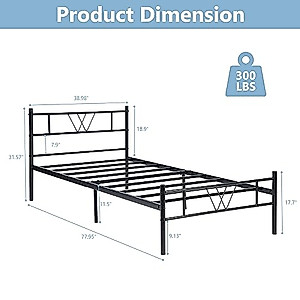 Fangflower Twin Size Bed Frame Platform Metal with Headboard/Underbed Storage/Steel Slats, Heavy-Duty Mattress Foundation for Bedroom, No Box Spring Needed, Black