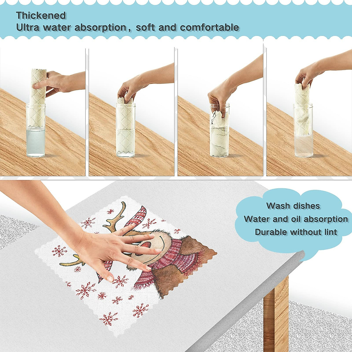 VIGTRO Winter Christmas Deer Kitchen Towels Super Absorbent, Red Snowflake Premium Dish Cloths Towels,Washable Fast Drying Dish Rags Reusable Cleaning Cloth 11x11 6 Pack