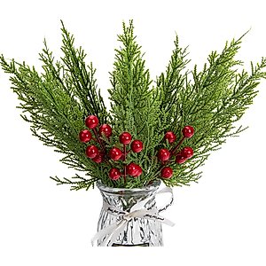 30 Pcs/Set Christmas 3D Artificial Pine Branches- 12.5 Inch Faux Evergreen Cedar Sprigs Branches- Fake Foliage Pine Needles Picks with Artificial Red Berry Stems for DIY Christmas Decoration