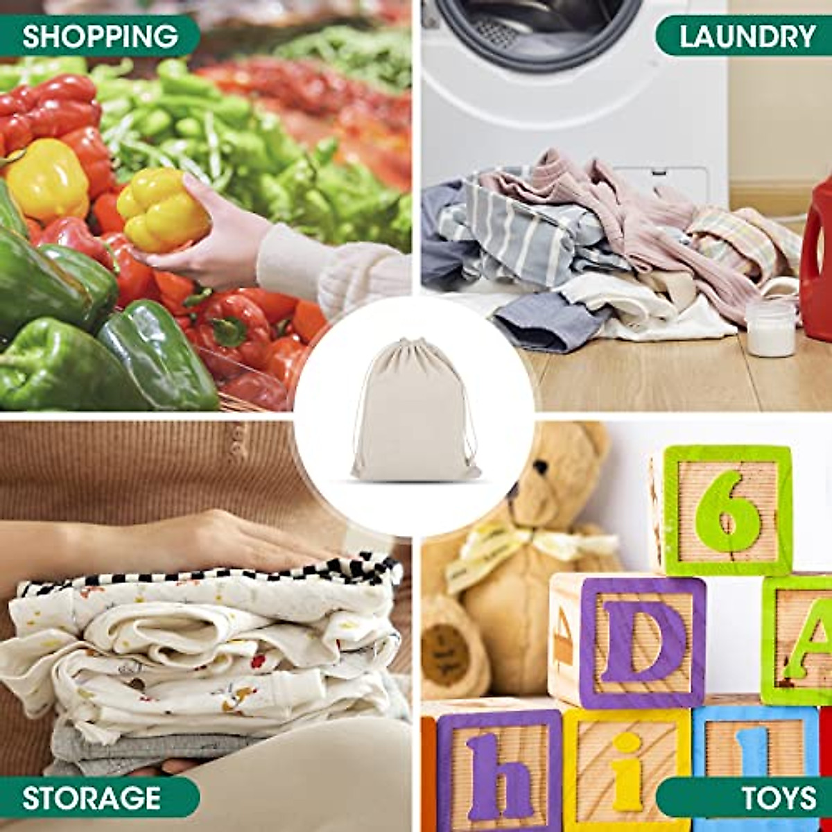 colmeguna 10 Pack 11x13 inch Reusable Produce Bags, Handmade Unbleached Cotton and Linen Fabric Bags with Drawstrings for Shopping & Storage Vegetable Bread Accessories (Large)