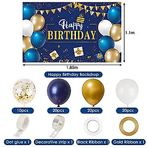 Rubfac Navy Blue Birthday Decorations Happy Birthday Backdrop with 70pc Navy Blue Gold and White Balloon Garland Kit Photo Backdrop Background for Birthday Party Decoration Supplies