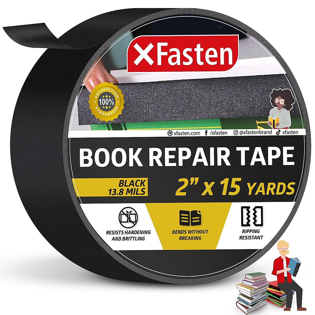 XFasten Book Binding Repair Tape, Black, 2-Inch by 15-Yard, Cloth Library Book Hinging Repair Tape, Acid Free and Archival Safe