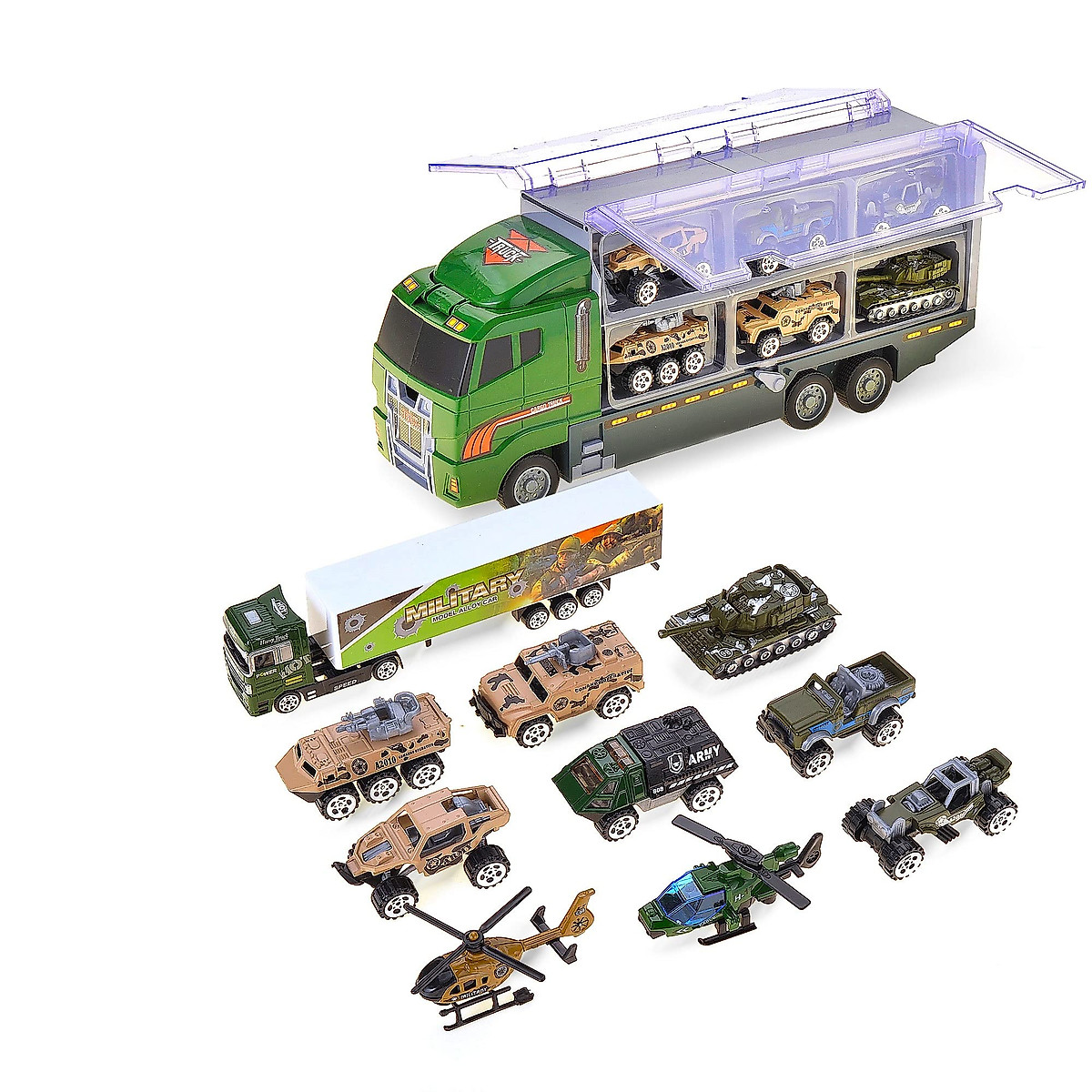 PowerTRC Army Toys for Boys 6-8 8-12, Die-Cast Army Military Vehicles Toys, Diecast Army Trucks and Cars with Carrier Truck, Kids Army Toys, Military Trucks for Boys