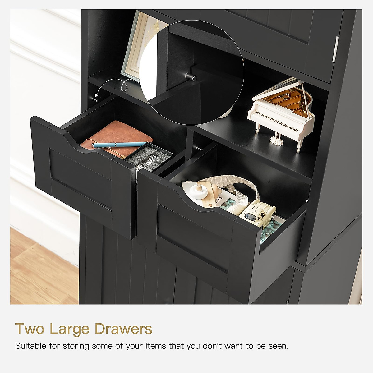 Quimoo Tall Storage Cabinet, Bathroom Cabinet with Drawers & Adjustable Shelves, Bathroom Storage Cabinet for Living Room, Kitchen, Black