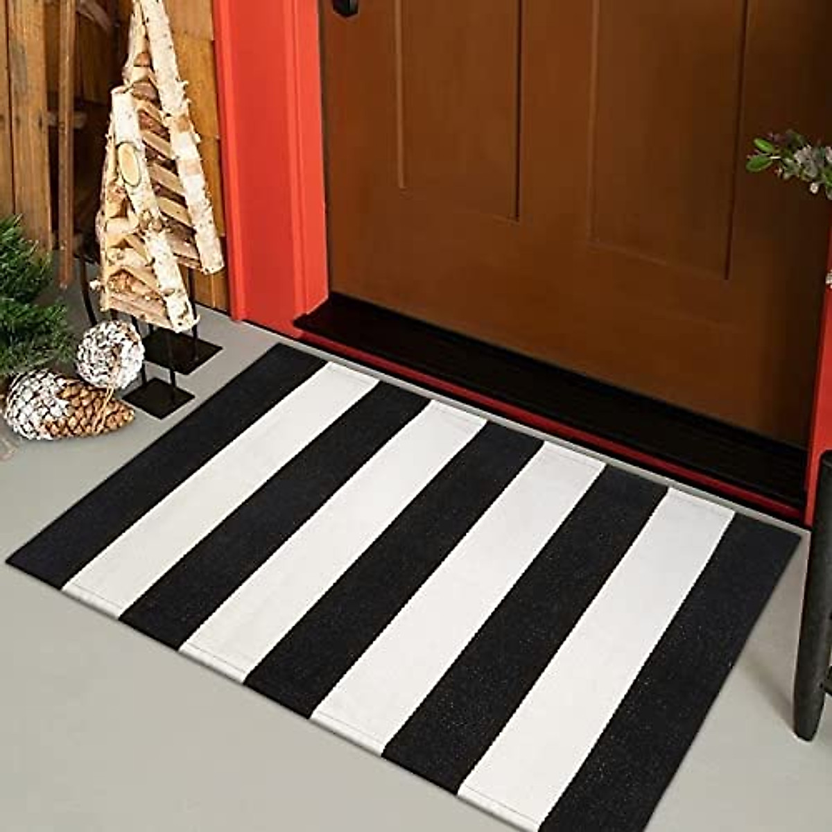 LEEVAN Black and White Rug 2X3, Washable Black Door Mat Cotton Woven Front Porch Rug, Layered Door Mats Outdoor Welcome Indoor Door Mat, Farmhouse Go Away Door Mat Door Mat Indoor Entrance Rug