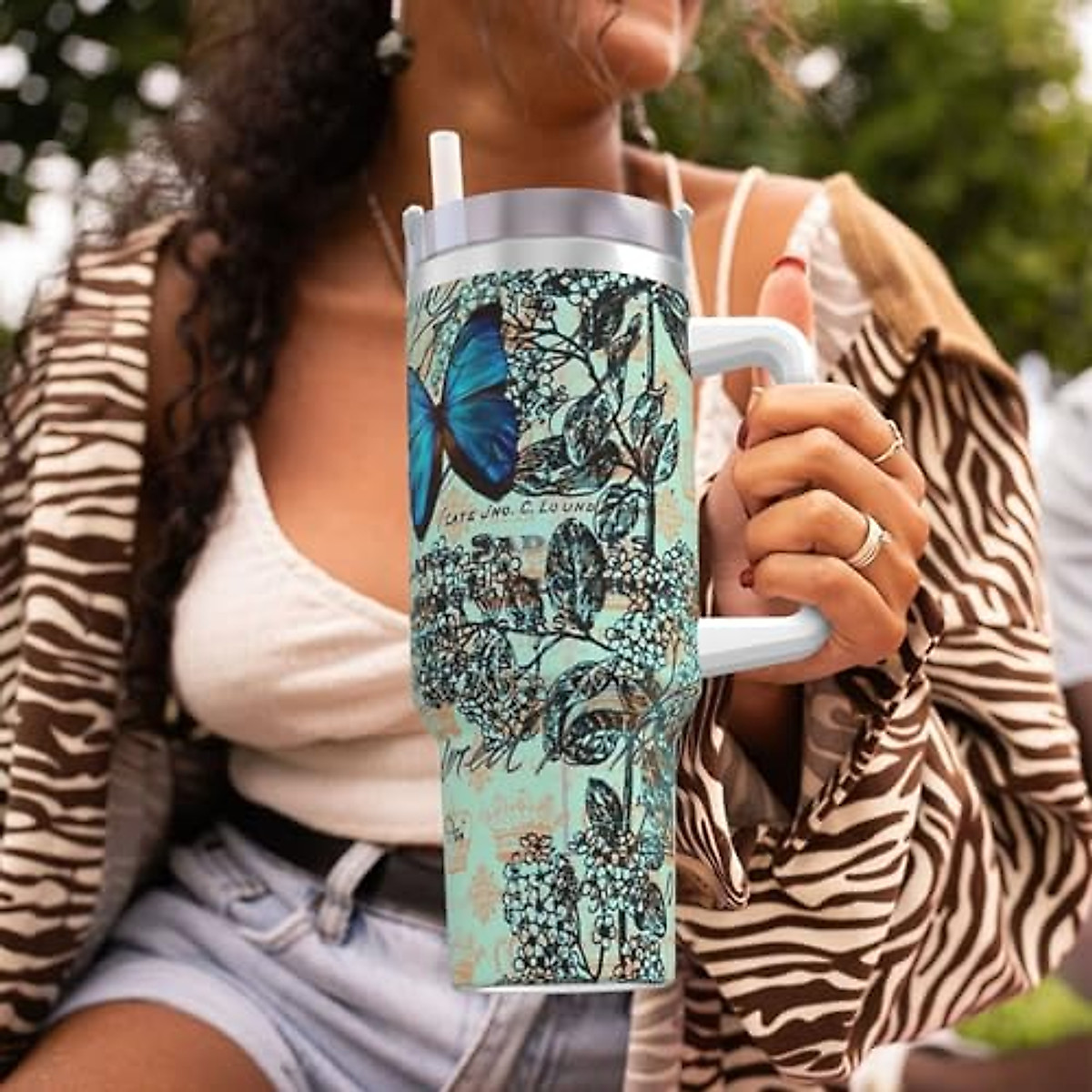 Xiexide 40oz Sweatproof Gifts Vintage French Dark Academia Cottage Butterfly Bird Double Walled Vacuum Insulatedith Handle And Straw,Hot & Cold Drinks