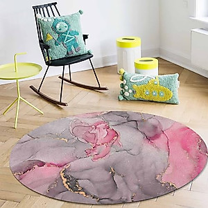 Pink Marble Area Rug Carpet for Kids Teen Girls Boys Bedroom, Living Room, Washable Outdoor Indoor Accent Throw Runner Floor Mat Area+Rug Gold Line Contemporary Geometric Grey 6FT(Round)