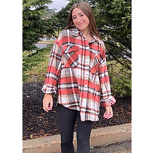 KIRUNDO Women's 2024 Fall Winter Flannel Plaid Shirts Jacket Casual Long Sleeve Boyfriend Button Down Shacket Coats(Style3-Orange, X-Large)