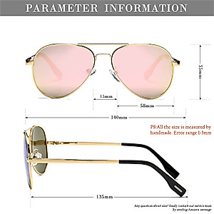 HJSTES Polarized Aviator Sunglasses for Women Men Classic Metal Shades Mirror Lens 100% UV Blocking, 58mm(Glod Frame/Pink Mirrored)