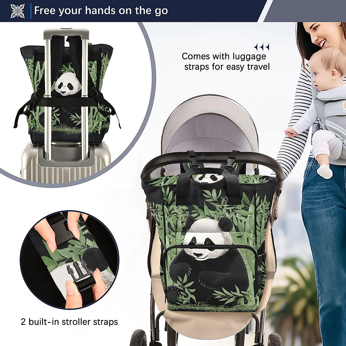 xigua Panda Bear Black Diaper Bag Backpack Multi Function Baby Changing Bags Waterproof Large Capacity Travel Back Pack for Mom Dad