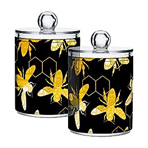Geometric Bee Modern 2 Pcs Qtip Holder Abstract Honey Organizer Dispenser Storage Canister Plastic Apothecary Jars Bathroom Vanity for Cotton Swab Ball Pads Floss