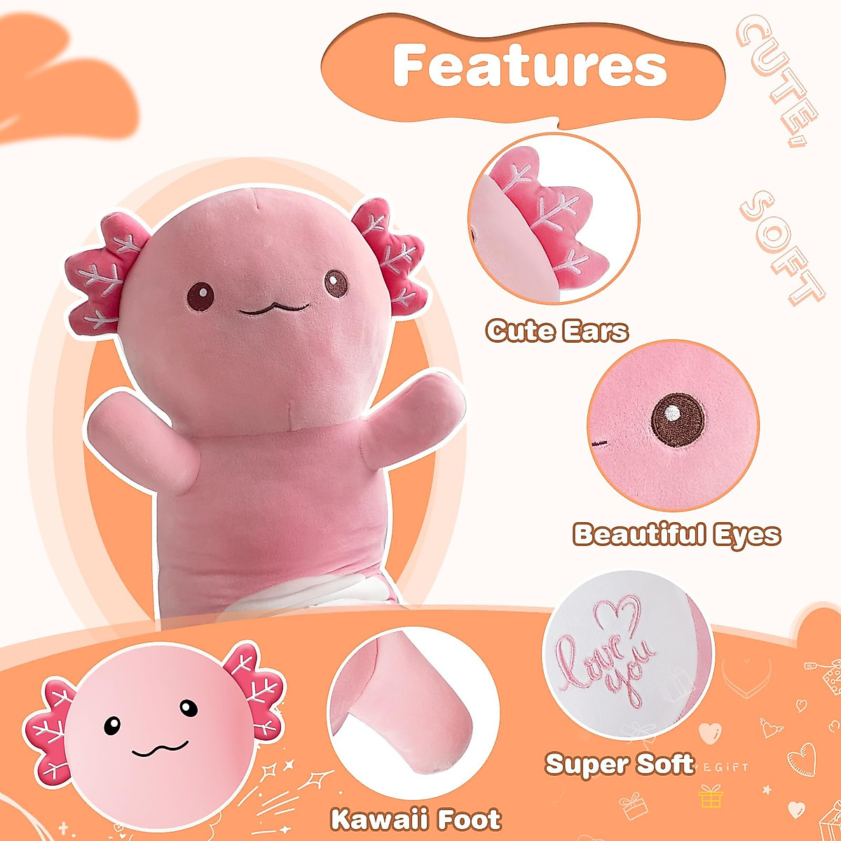 NXNYNZ Pink Long Axolotl Plush Body Pillow, Cute Axolotl Stuffed Animal, Axolotl Body Pillow Long Plush Doll for Kids Children Adults Gifts 47"