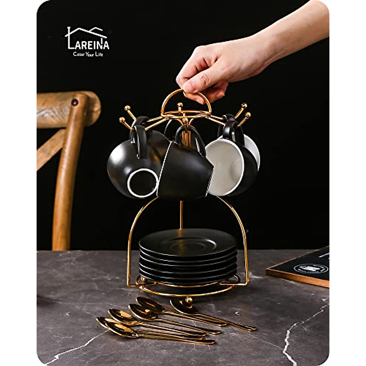 Lareina Espresso Cups with Saucers, Spoons and Metal holder, 3 oz Porcelain Demitasse Cups Set of 6, Small Coffee Cups with Handle for Nespresso Lungo, Espresso, Cortado and Tea, Black