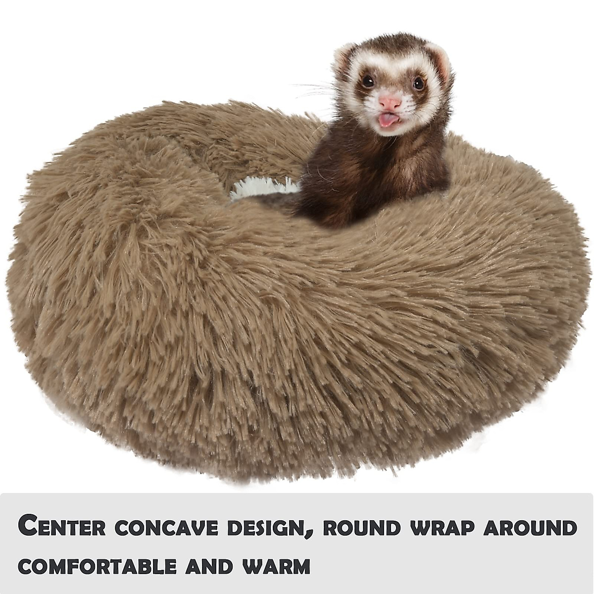 TTANFY Ferret Plush Donut Bed Soft Plush Small Pet Cushion Long Plush & Self-Warming Bed Waterproof Bottom for Ferret Guinea Pig and Small Animals (Brown)