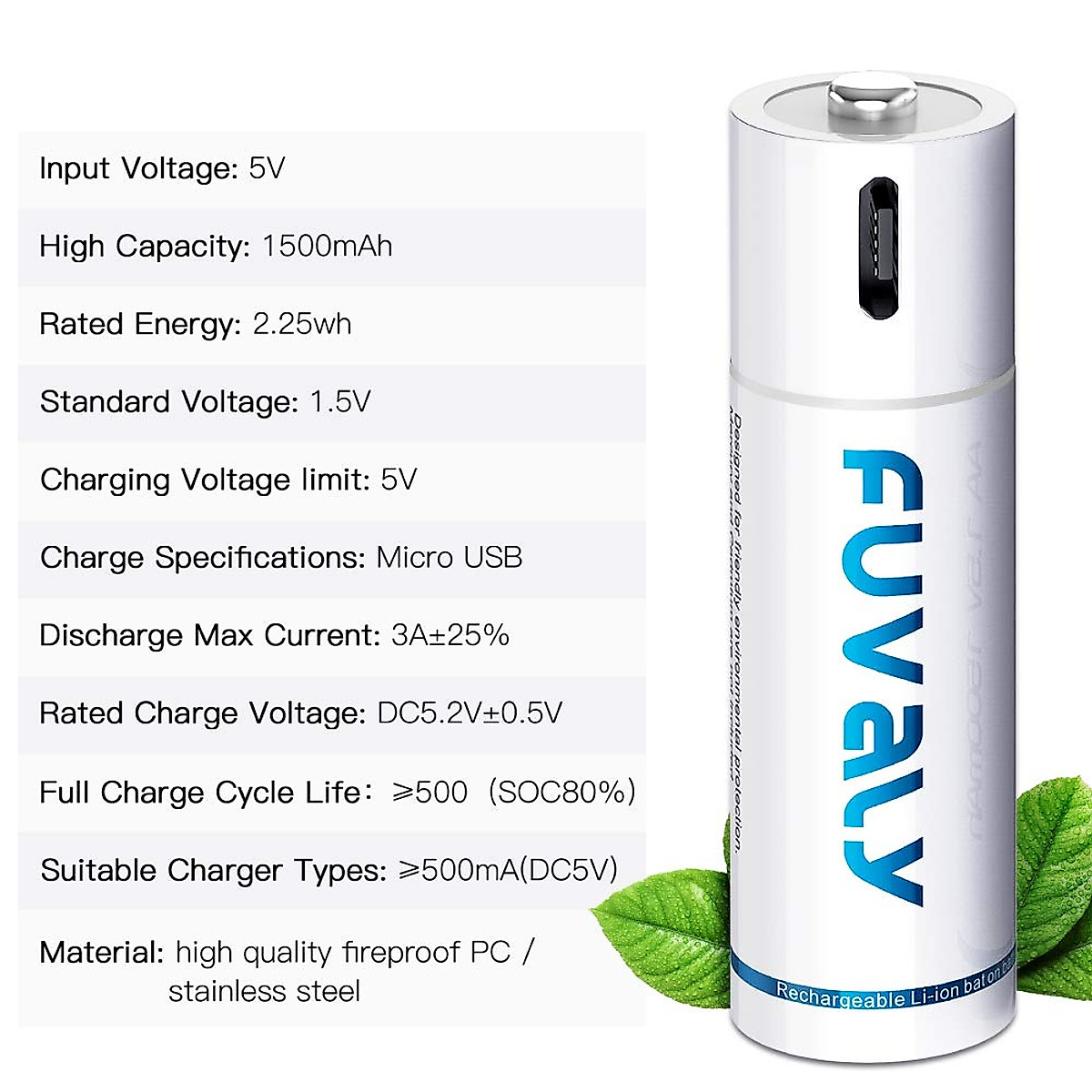 FUVALY USB Rechargeable AA Batteries 1500mAh High Capacity 1.5V Fast Charging Lithium Rechargeable Batteries with 4 in 1 USB Charging Cable can be Charged Either by 5V Charger or USB (4 Pack)