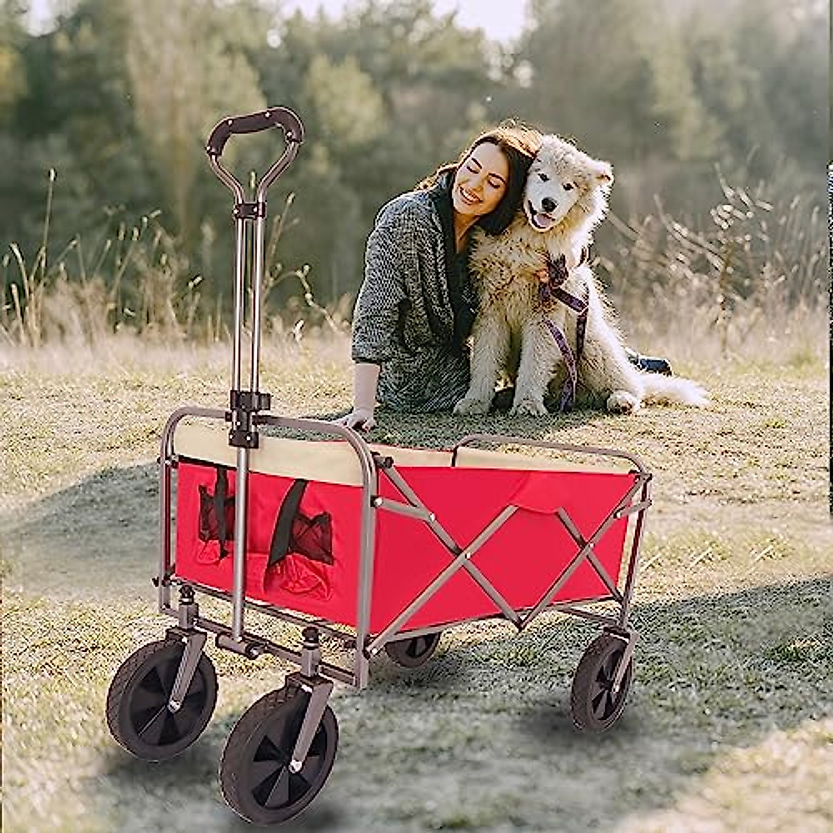 Folding Wagon Cart Beach Wagon Utility Wagon Cart Outdoor Heavy Duty Garden Portable Hand Cart with All-Terrain Wheels & Adjustable Handle (Red+White)