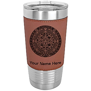 LaserGram 20oz Vacuum Insulated Tumbler Mug, Aztec Calendar, Personalized Engraving Included (Faux Leather, Dark Brown)
