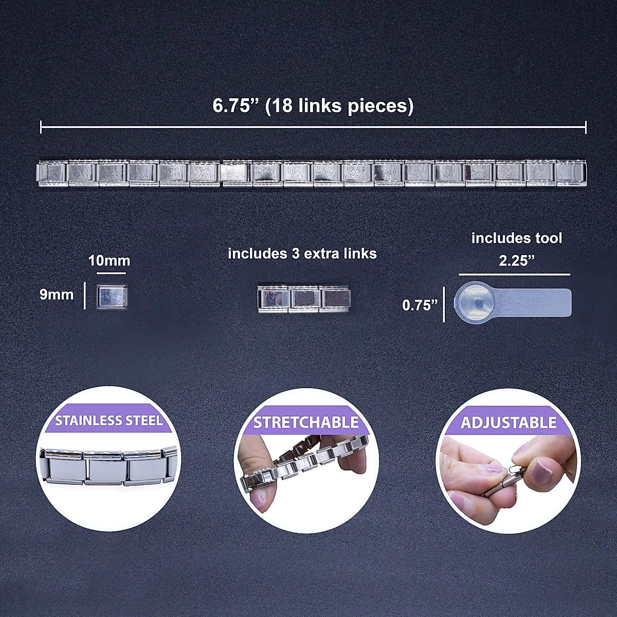 Fablinks Italian Charm Bracelet, 9mm 304 Stainless Steel Charms Link Starter Bracelets for Women, Silver Modular Nomination Jewelry for Men with Tool and 3 Extra Links